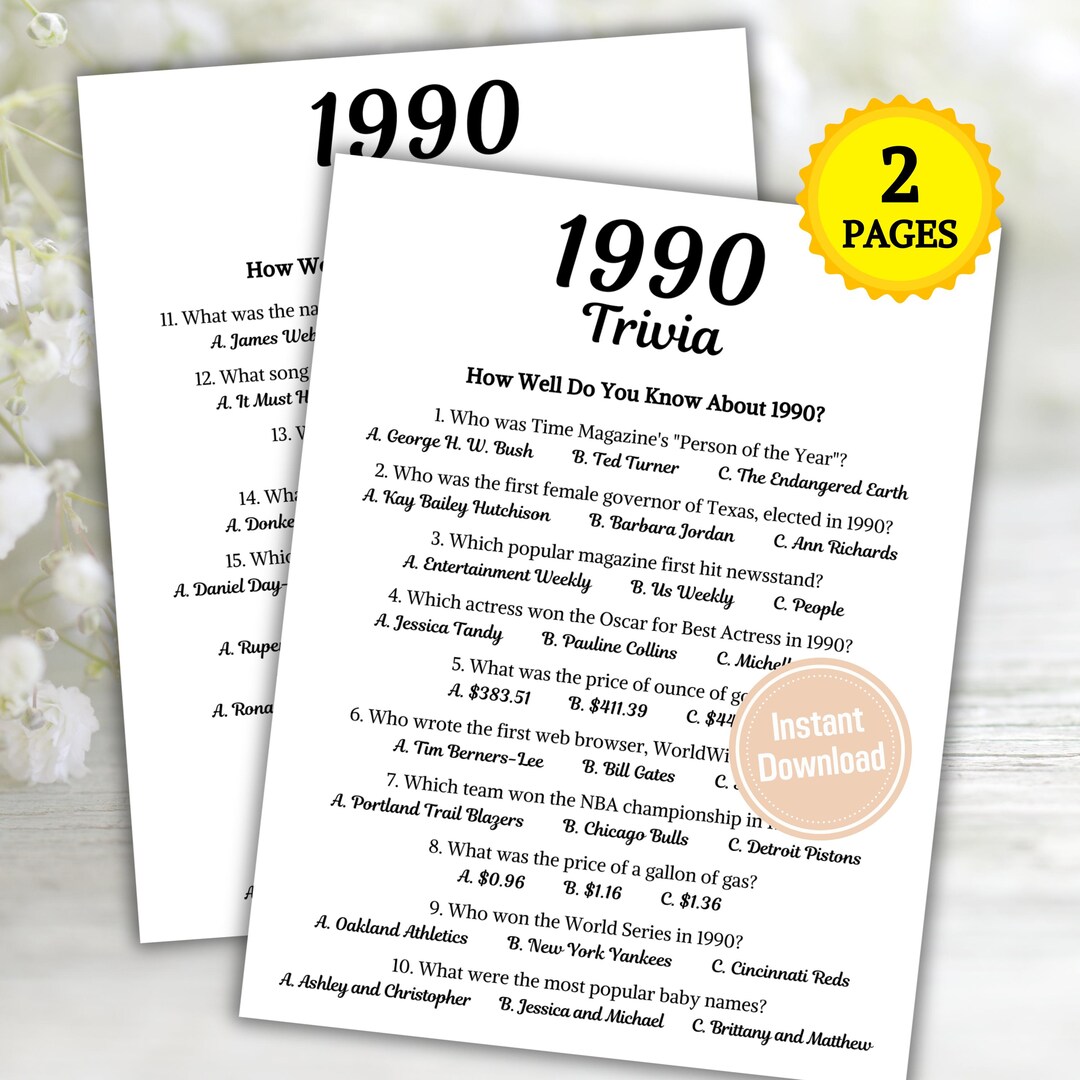 1990 Trivia Game | Printable 36th Birthday Party Game | Born in 1990 ...
