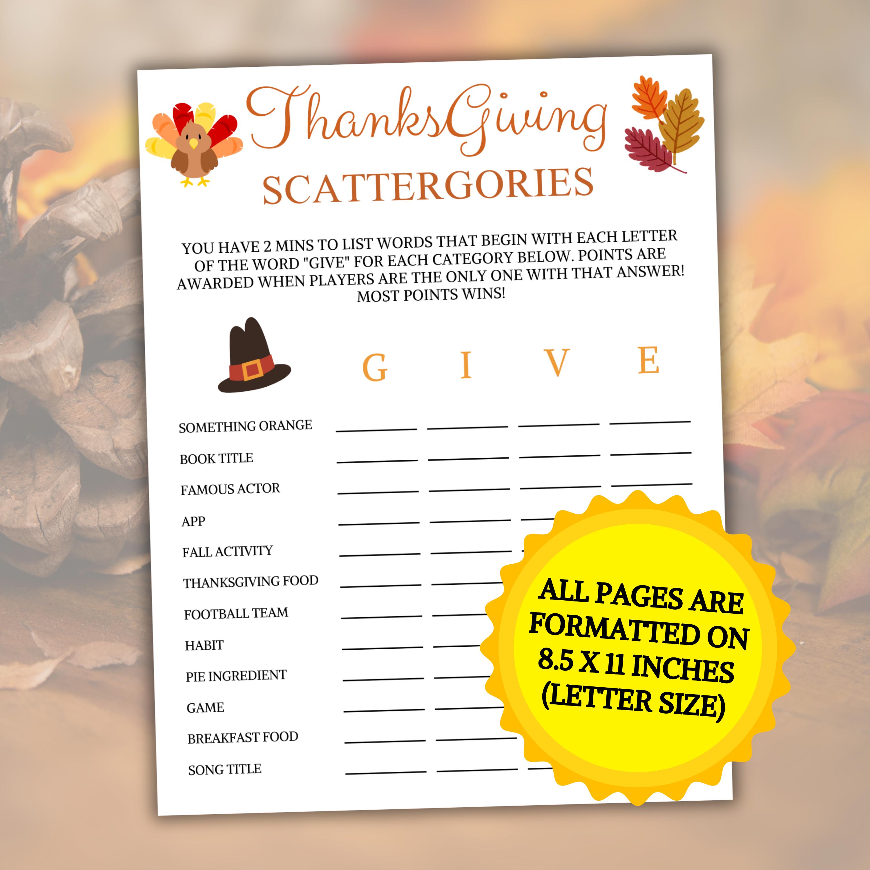 Thanksgiving Scattergories Game | Thanksgiving Think Fast Game ...