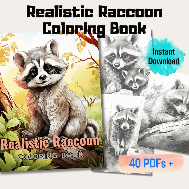 20 Realistic Raccoon Grayscale Coloring Book, 20 Detailed Pages for ...