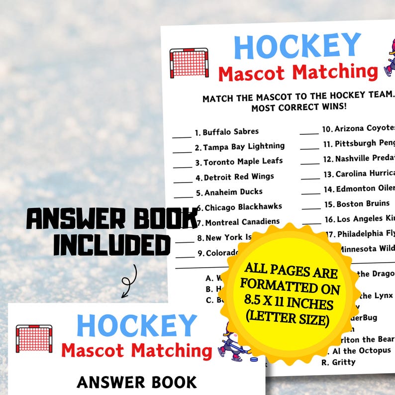 Hockey Mascot Matching Game | Printable Hockey Trivia Game | Hockey ...