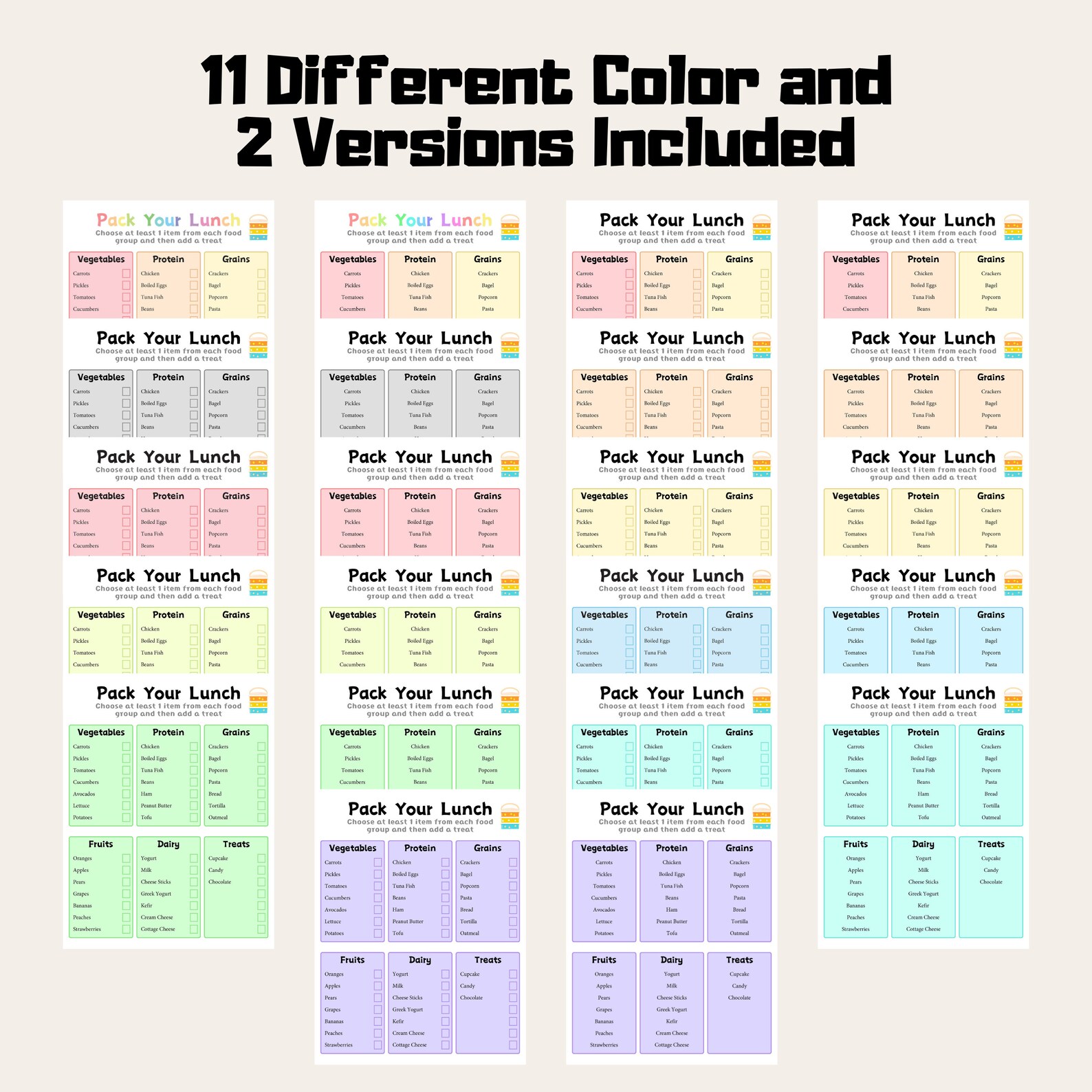 Pack Your Lunch Checklist All Color Bundle | Kids Healthy Food Template ...