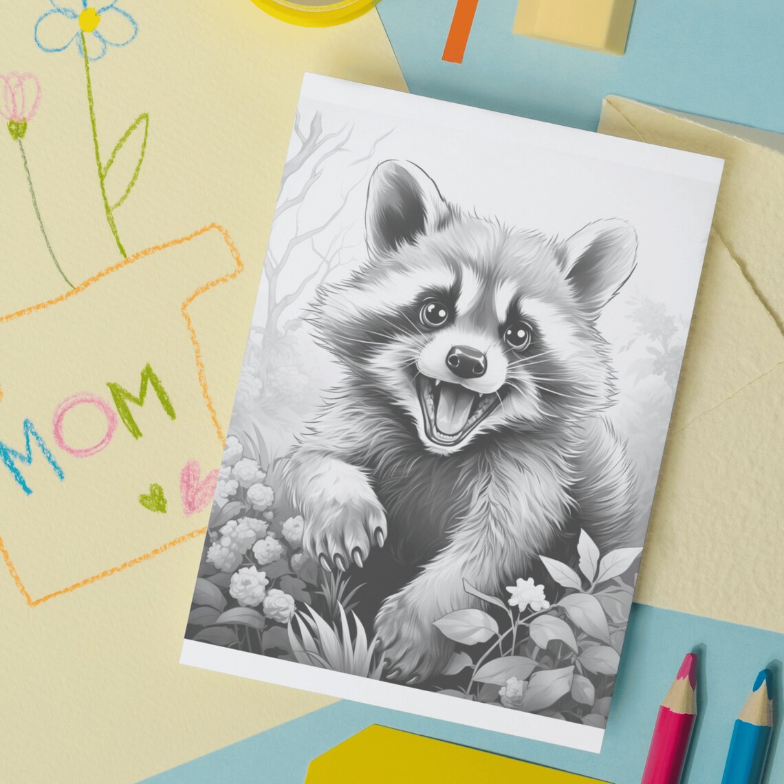 20 Realistic Raccoon Grayscale Coloring Book, 20 Detailed Pages for ...