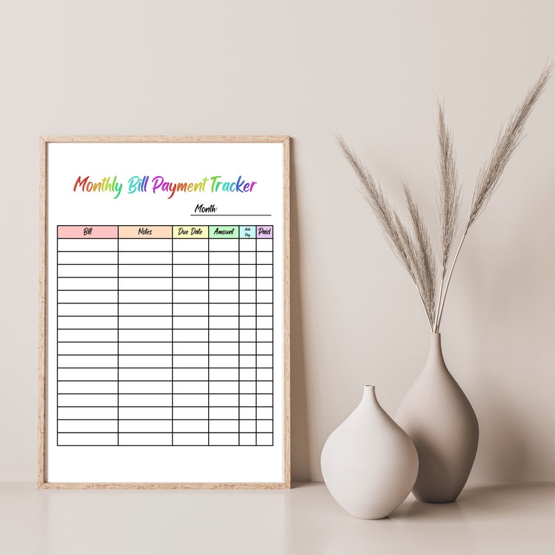 Bill Payment Tracker Rainbow Color Printable, Editable Monthly Bill ...