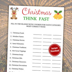 Christmas Think Fast Game | Christmas Word Game | Printable Fun ...