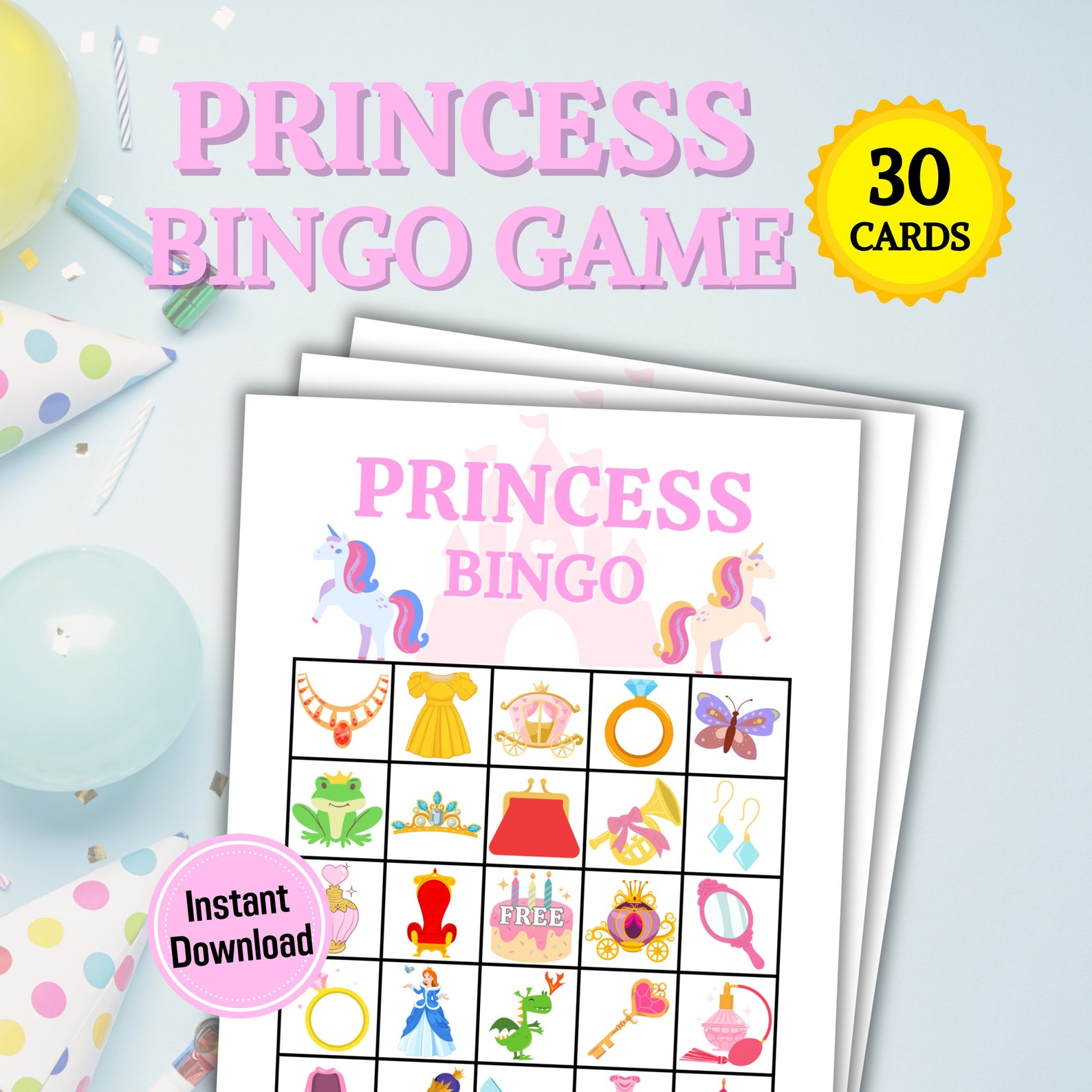 30 Princess Bingo Game | Birthday Bingo Cards for Princess | Birthday ...