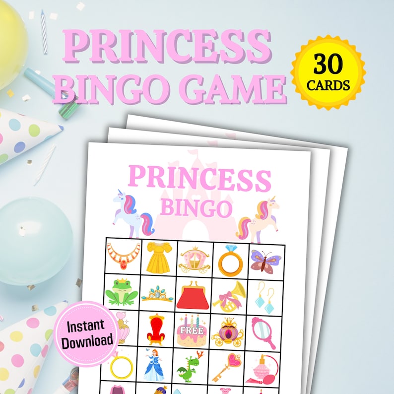 30 Princess Bingo Game | Birthday Bingo Cards for Princess | Birthday ...