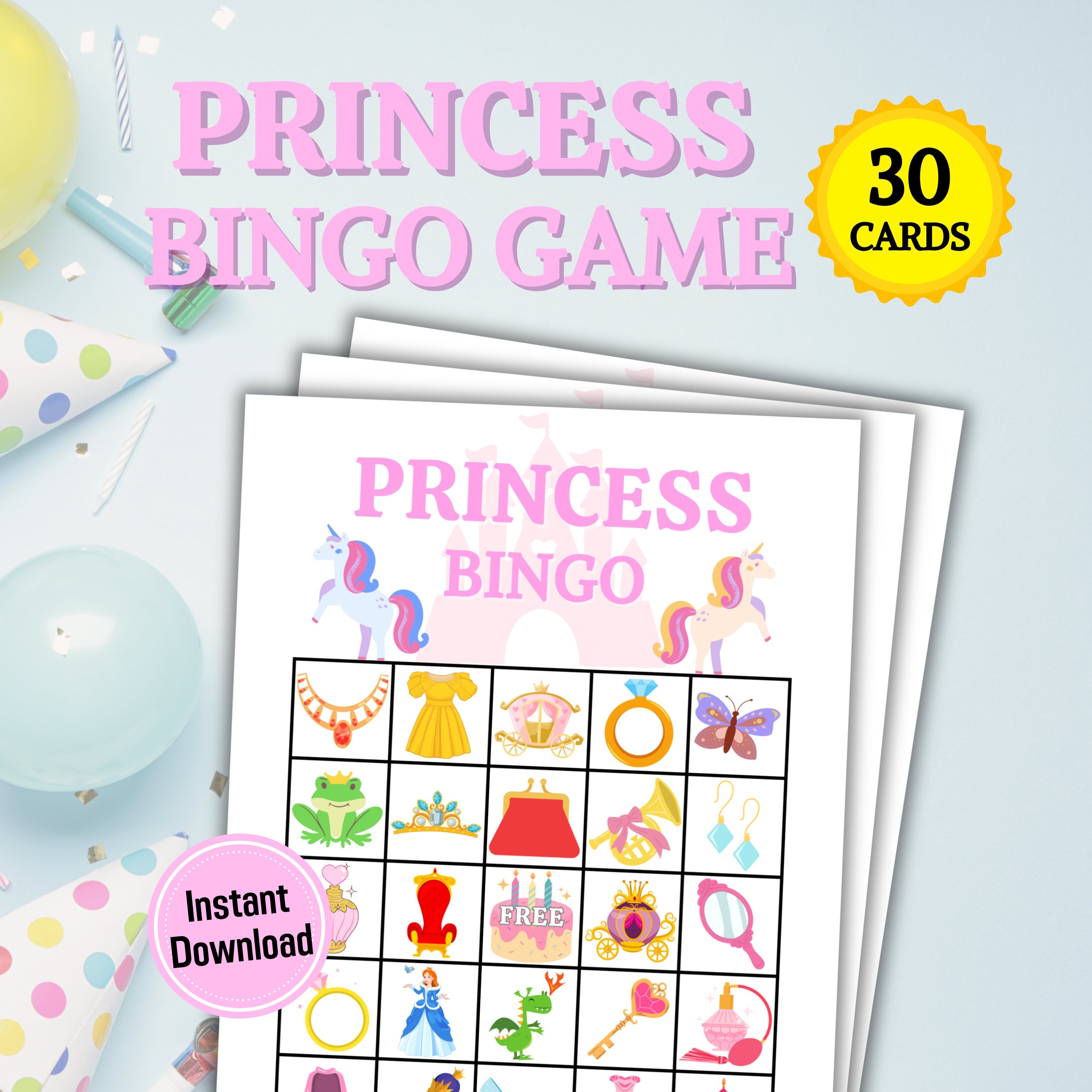 30 Princess Bingo Game | Birthday Bingo Cards for Princess | Birthday ...