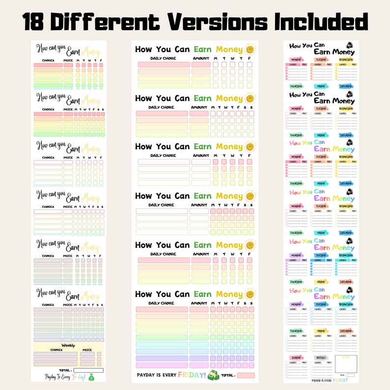 How to Earn Money Chore Chart Bundle Rainbow Color, Editable Kids ...