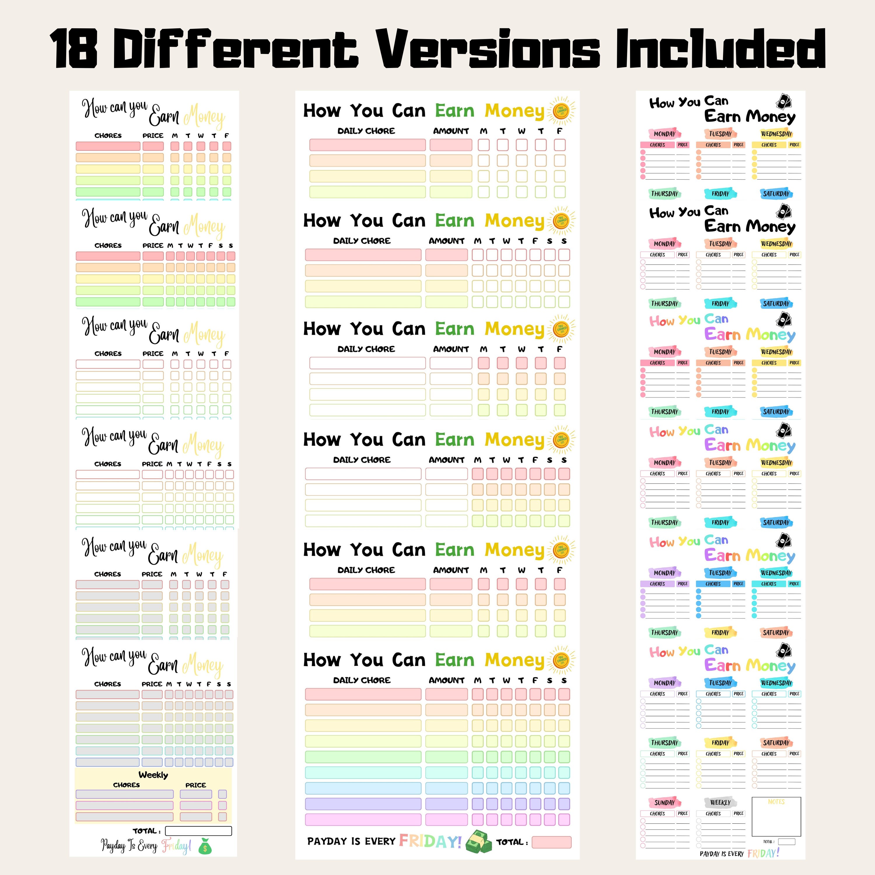 How to Earn Money Chore Chart Bundle Rainbow Color, Editable Kids ...