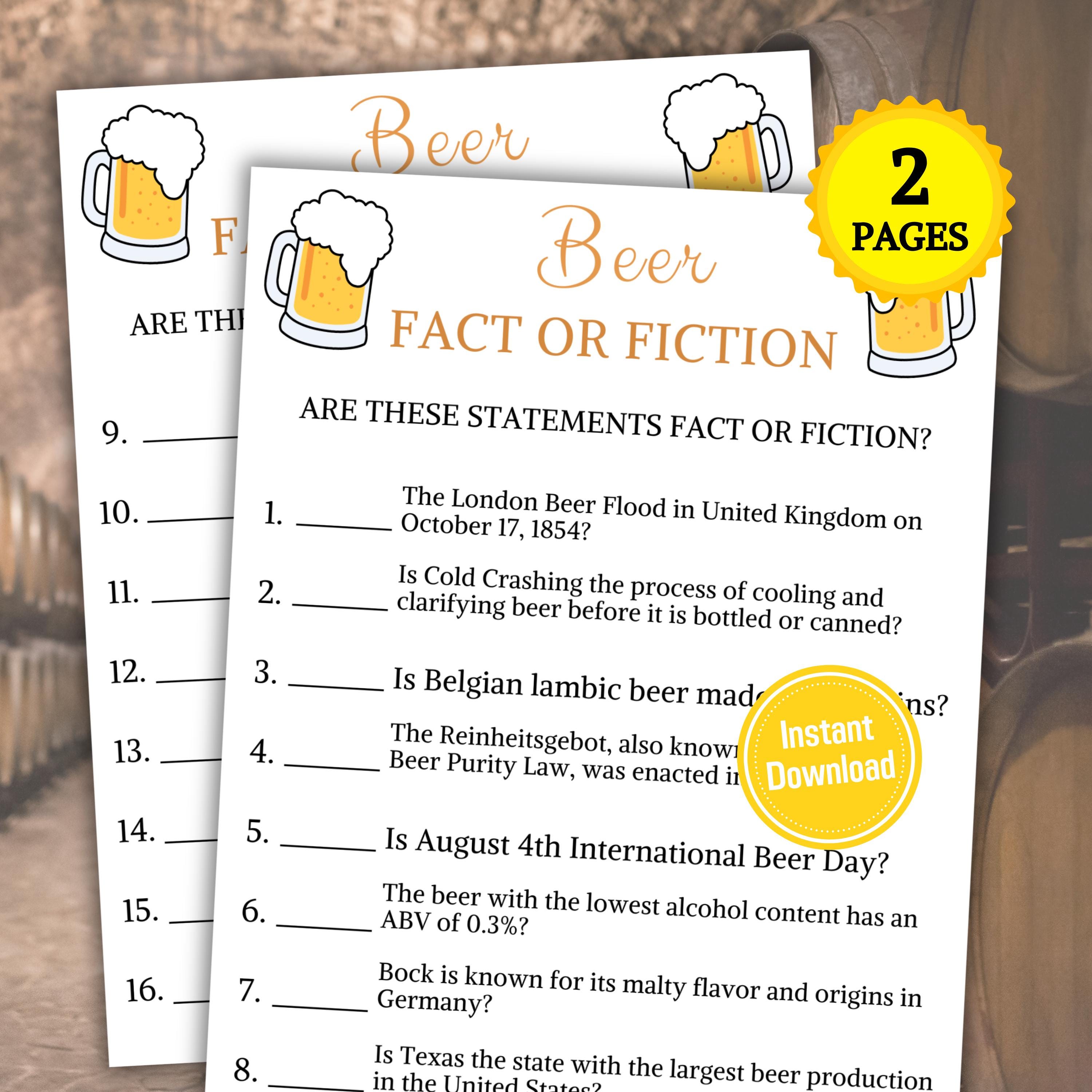 Beer Fact or Fiction Game | Printable Beer Trivia True or False Game ...