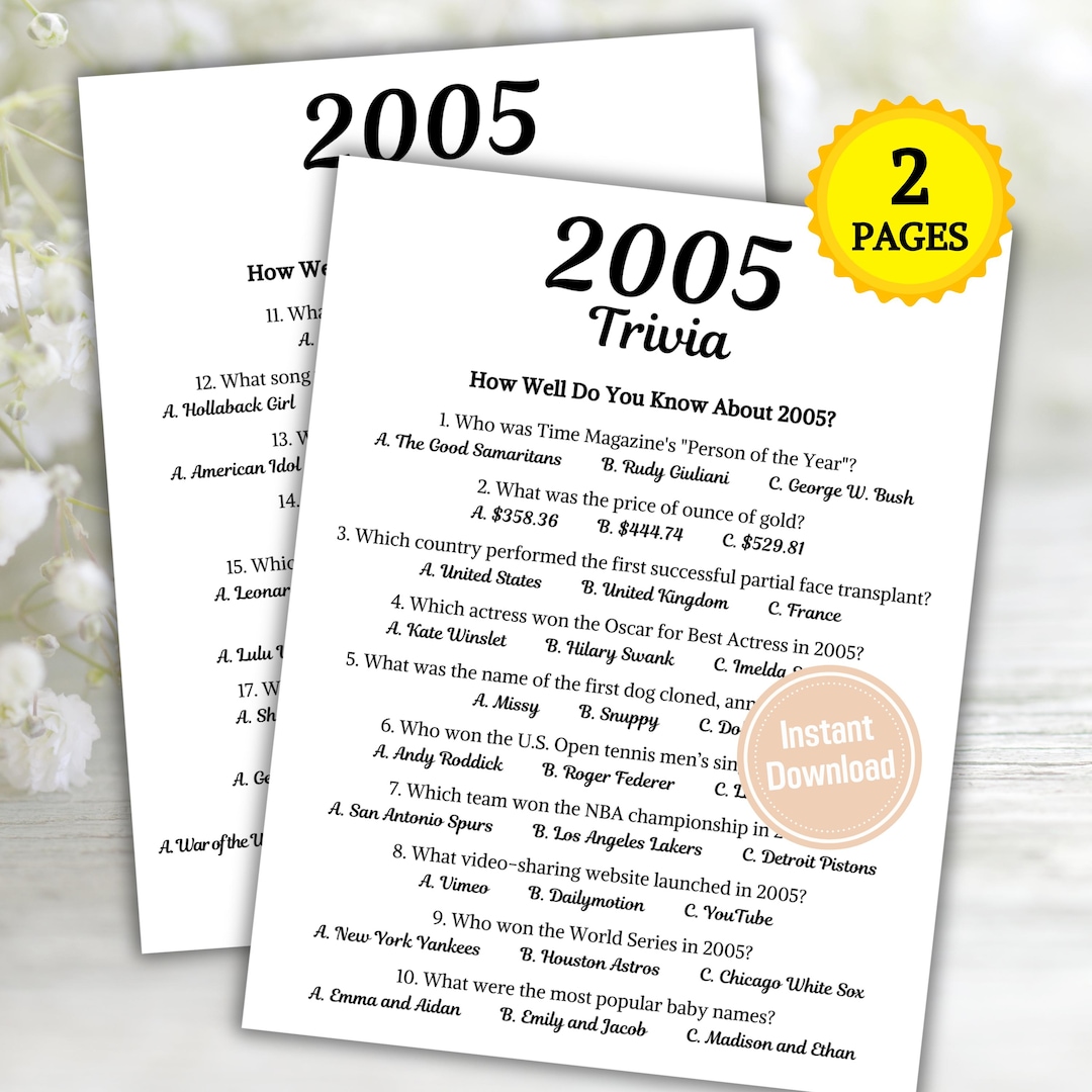 2005 Trivia Game | Printable 20th Birthday Party Game | Born in 2005 ...