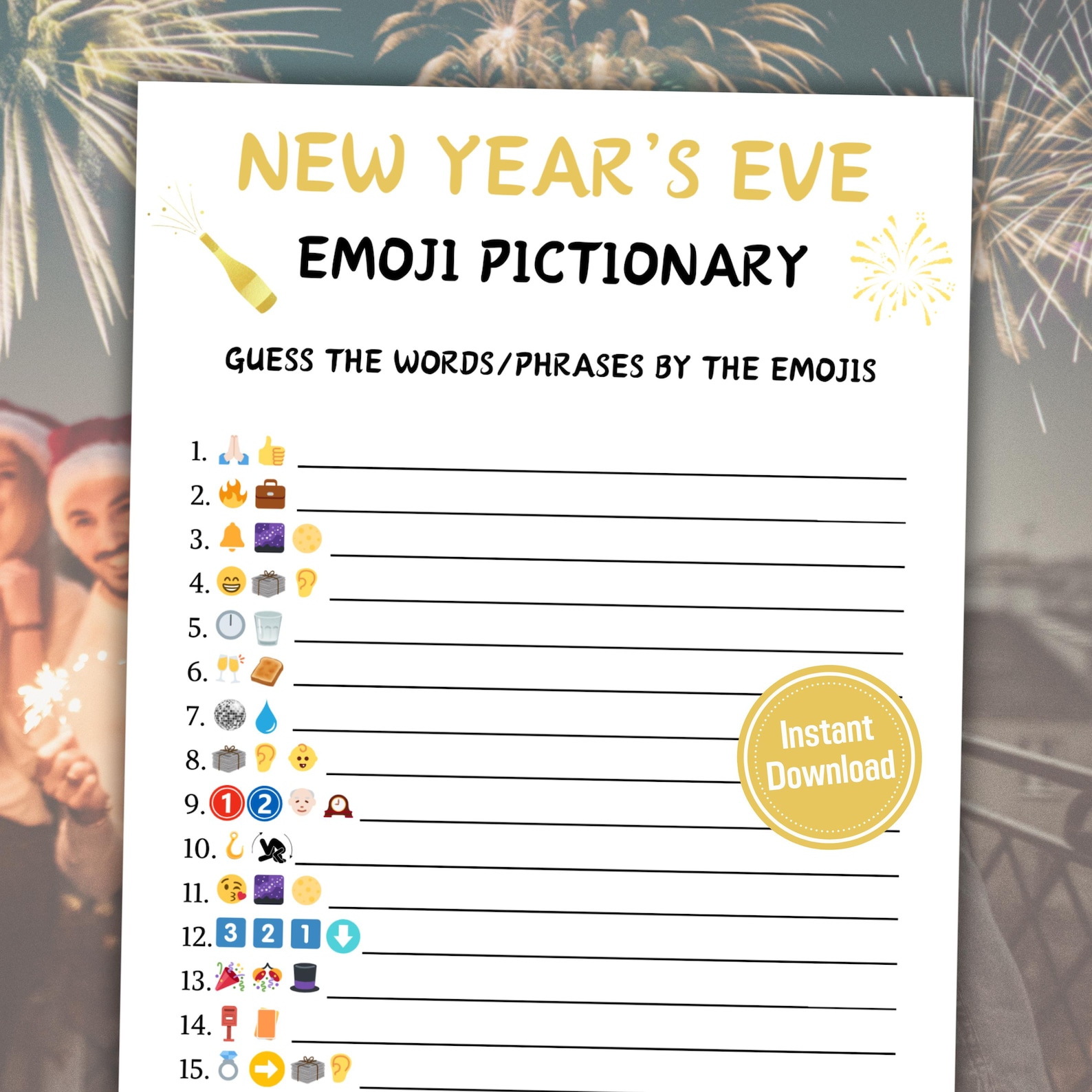 New Year's Eve Emoji Pictionary Game | New Years Emoji Quiz | Printable ...