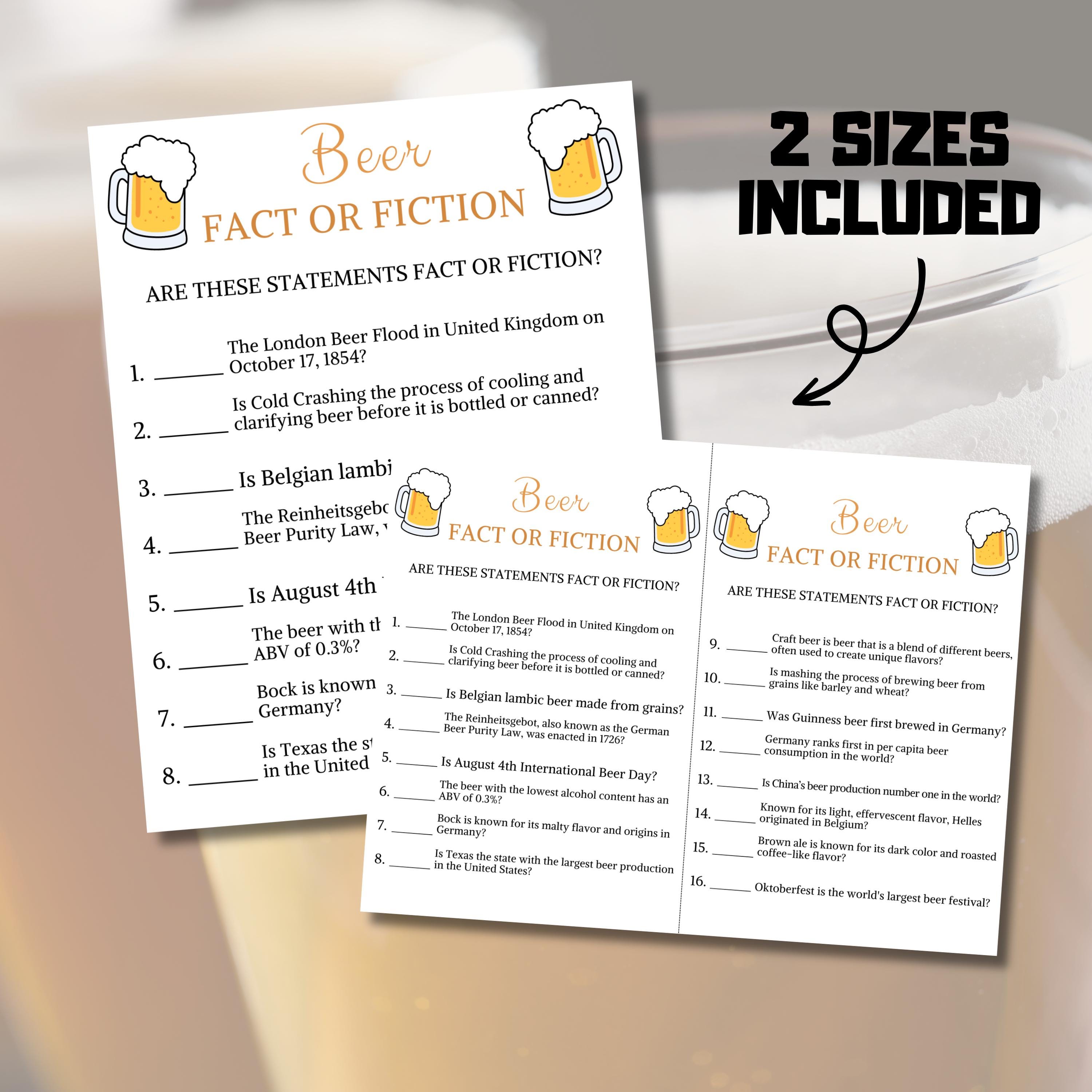 Beer Fact or Fiction Game | Printable Beer Trivia True or False Game ...