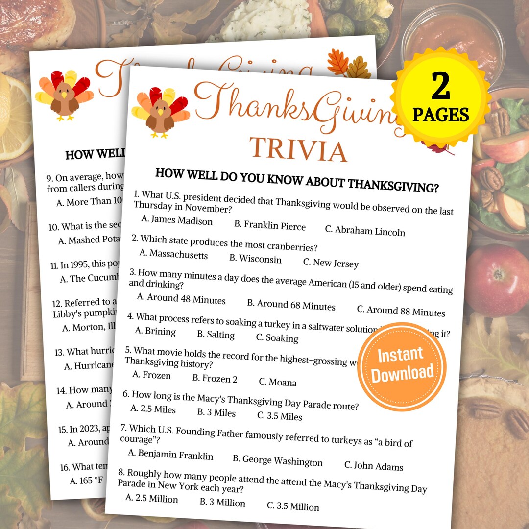 Thanksgiving Trivia Game | Thanksgiving Knowledge Quiz Game | Printable ...