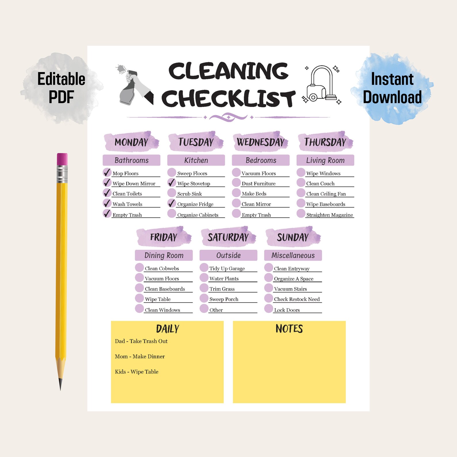 Editable Cleaning Checklist Cool Color Tone Printable - Etsy