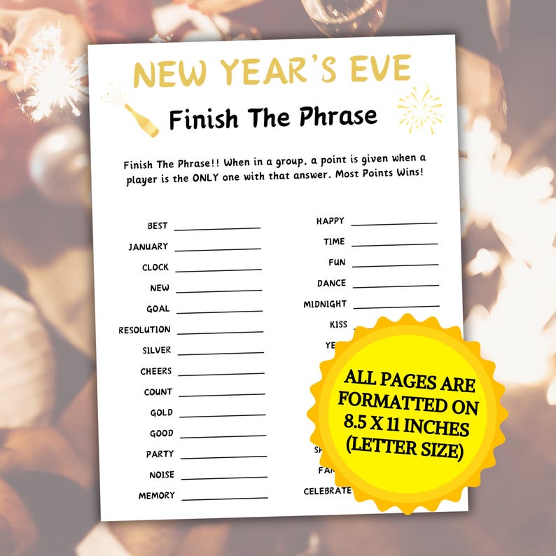 New Year's Eve Finish the Phrase Game | New Years Think Fast Game ...
