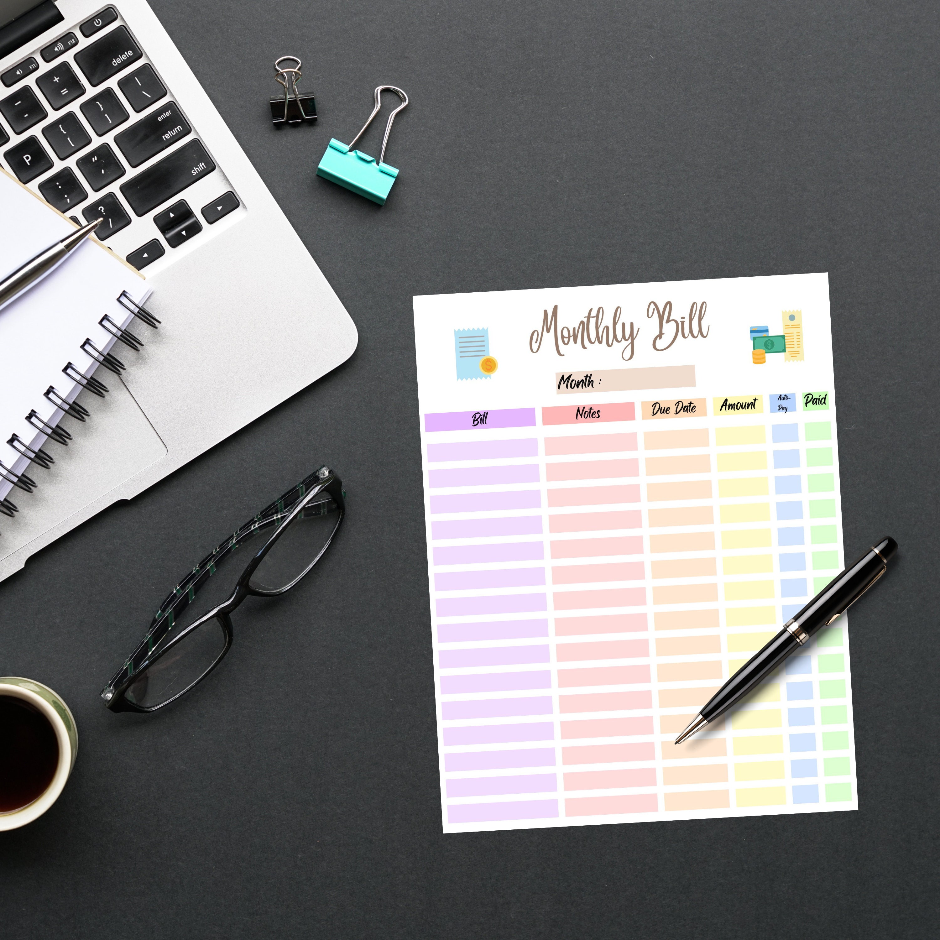 Monthly Bill Payment Tracker Rainbow Color, Expense Tracker, Editable ...