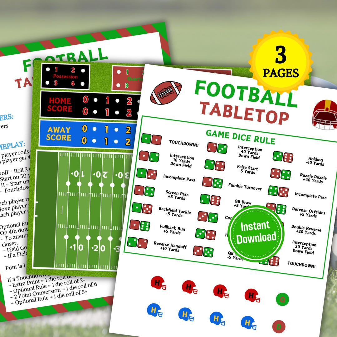 Football Tabletop Game | Printable American Football Dice Game ...