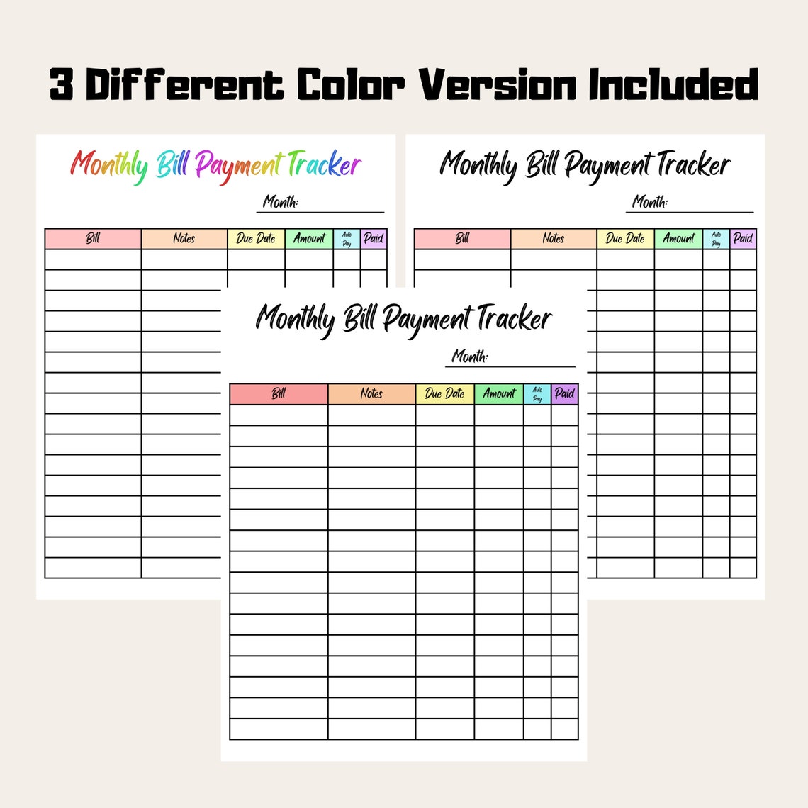 Bill Payment Tracker Rainbow Color Printable, Editable Monthly Bill ...