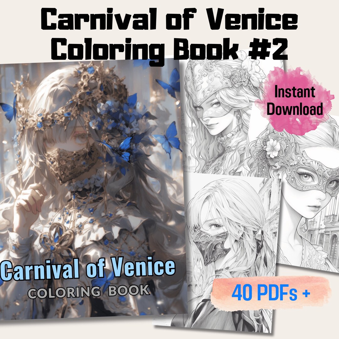 Venice Carnival Grayscale Coloring Book, 20 Unique Pages, Stress Relief ...