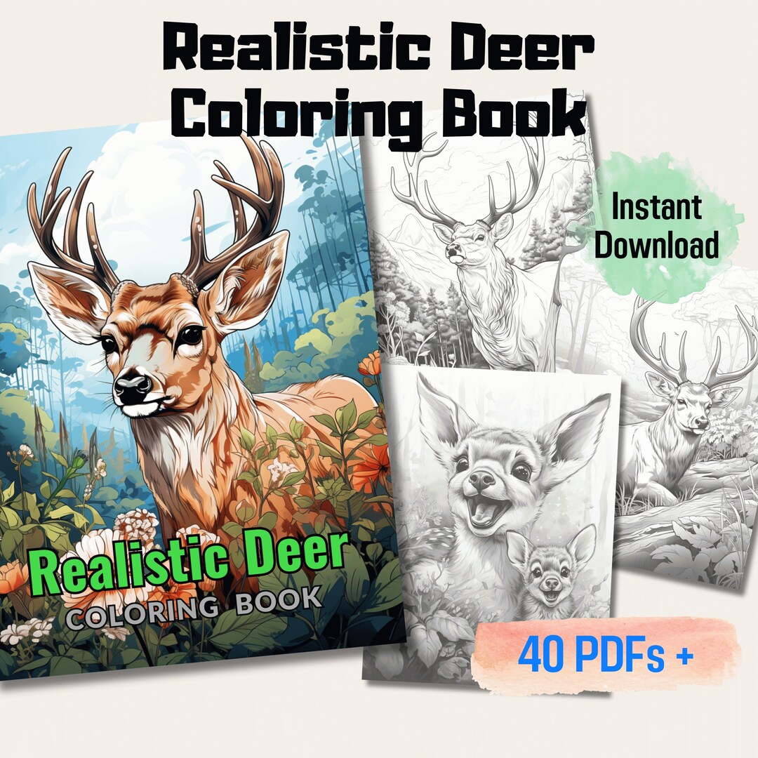 20 Realistic Deer Grayscale Coloring Book, 20 Pages of Detail Wildlife ...