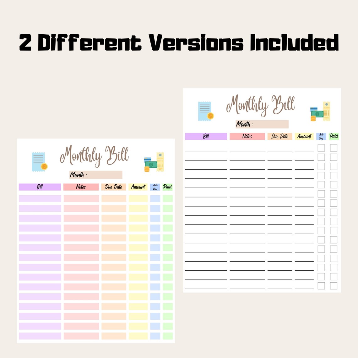 Monthly Bill Payment Tracker Rainbow Color, Expense Tracker, Editable ...