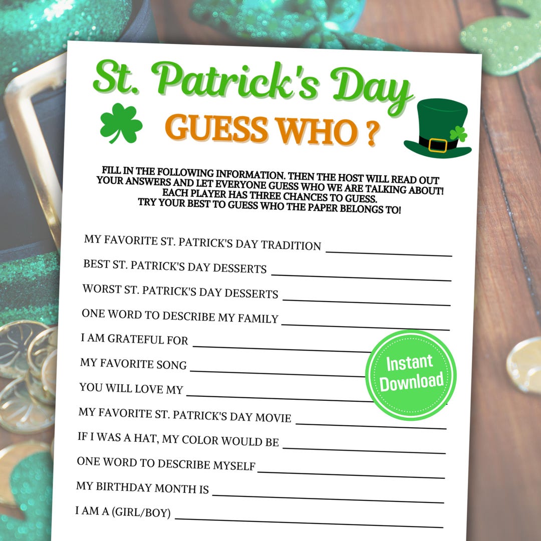 St. Patrick's Day Guess Who Game | Printable St. Patty's Who Am I Game ...