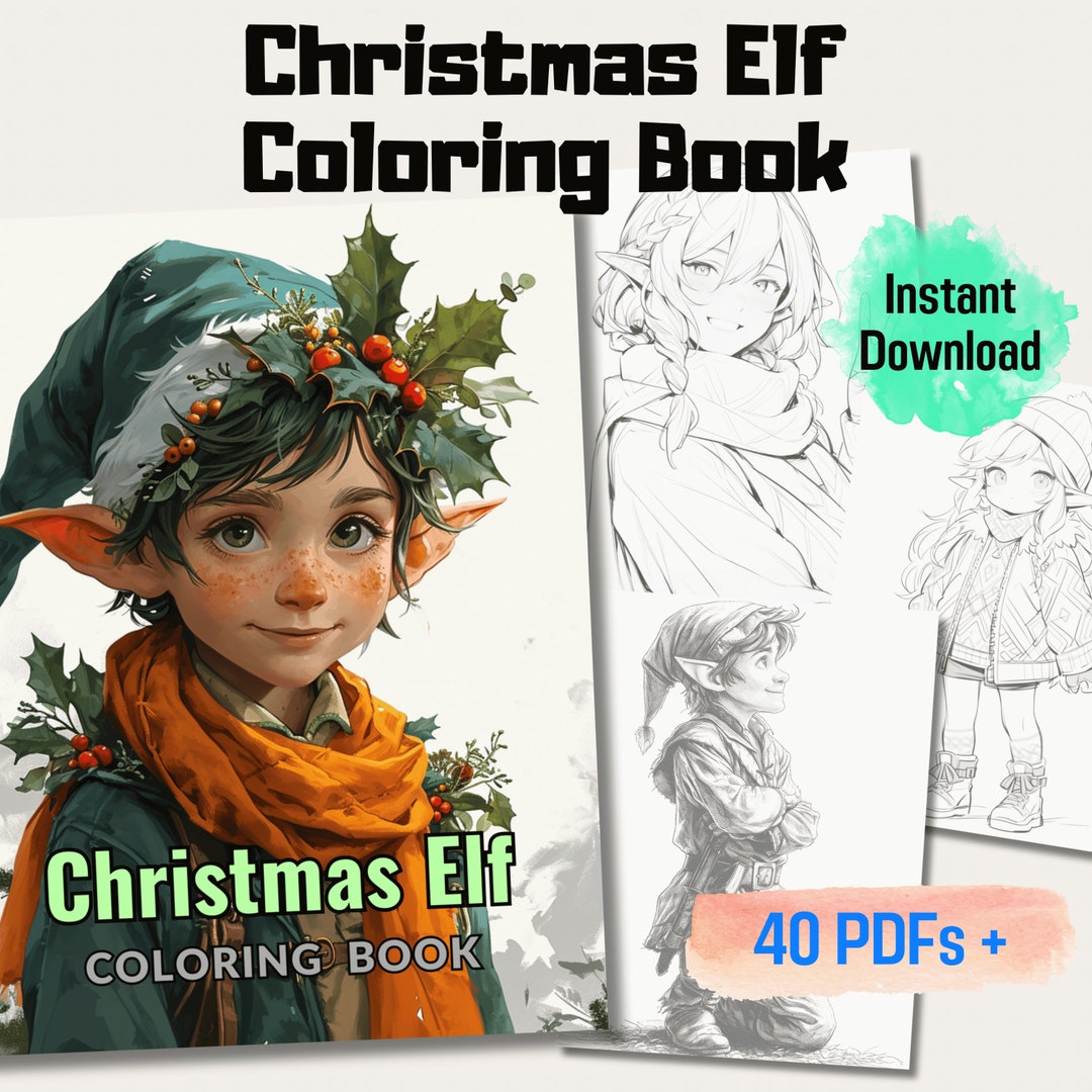 Christmas Elf Coloring Book, 20 Christmas Elf Grayscale Coloring Pages ...