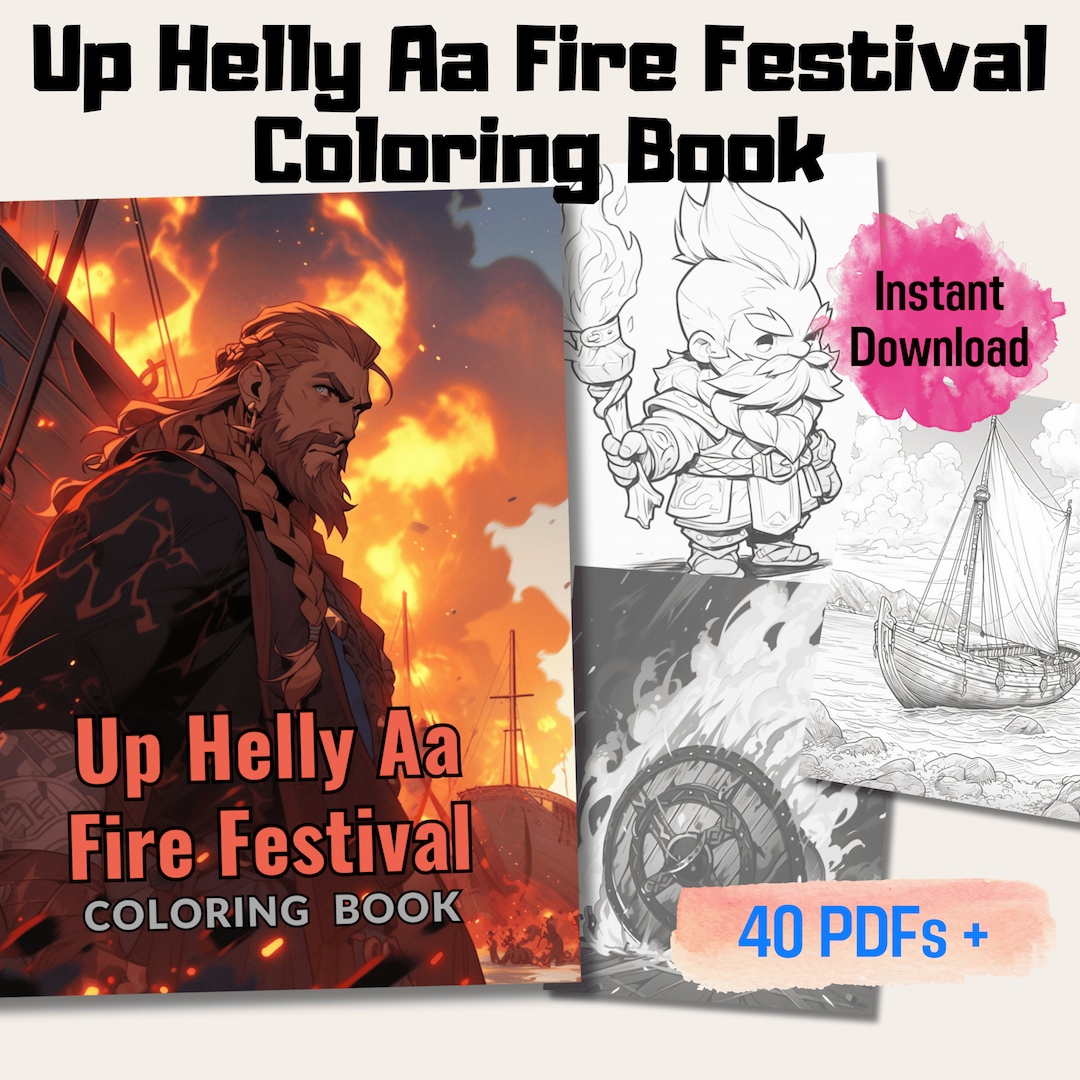 20 Pages up Helly Aa Fire Festival Grayscale Coloring Book, Relaxation, Art Therapy, Unique ...