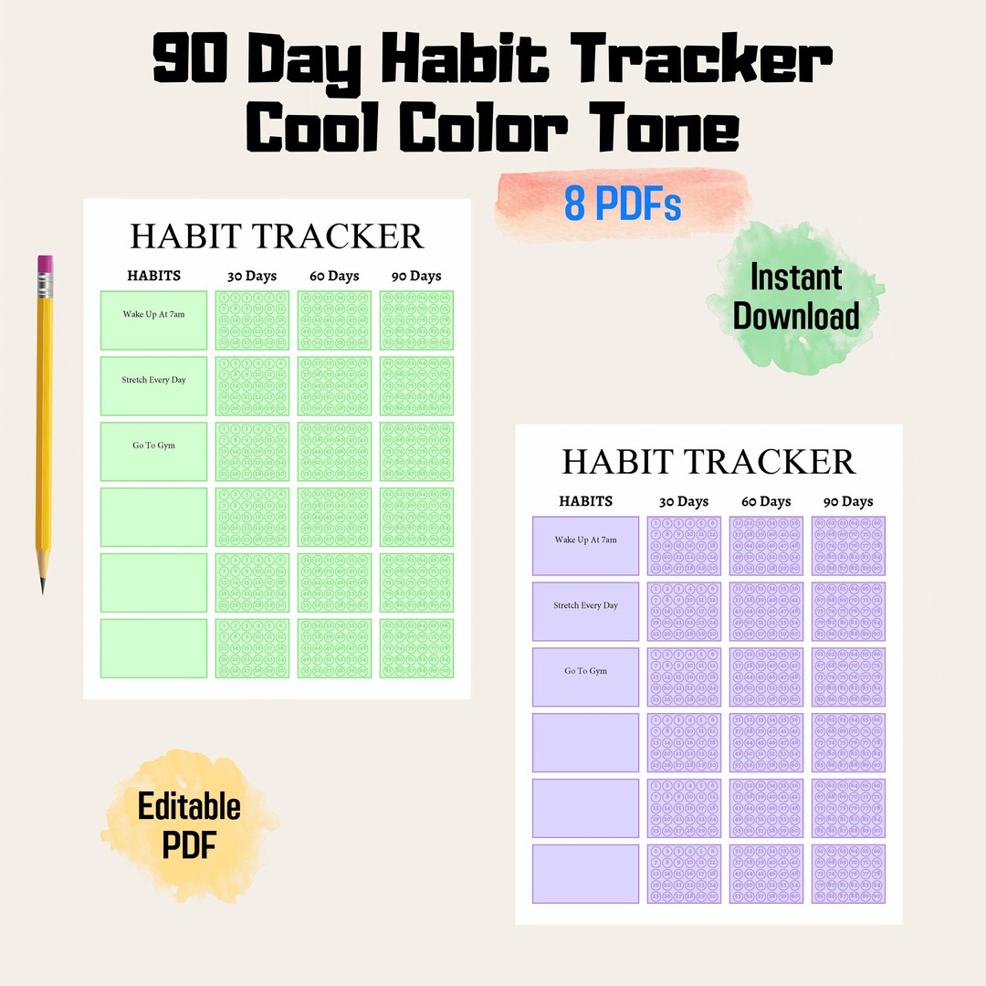 90 Day Habit Tracker Cool Color Tone Printable, Routine Habit Tracker ...