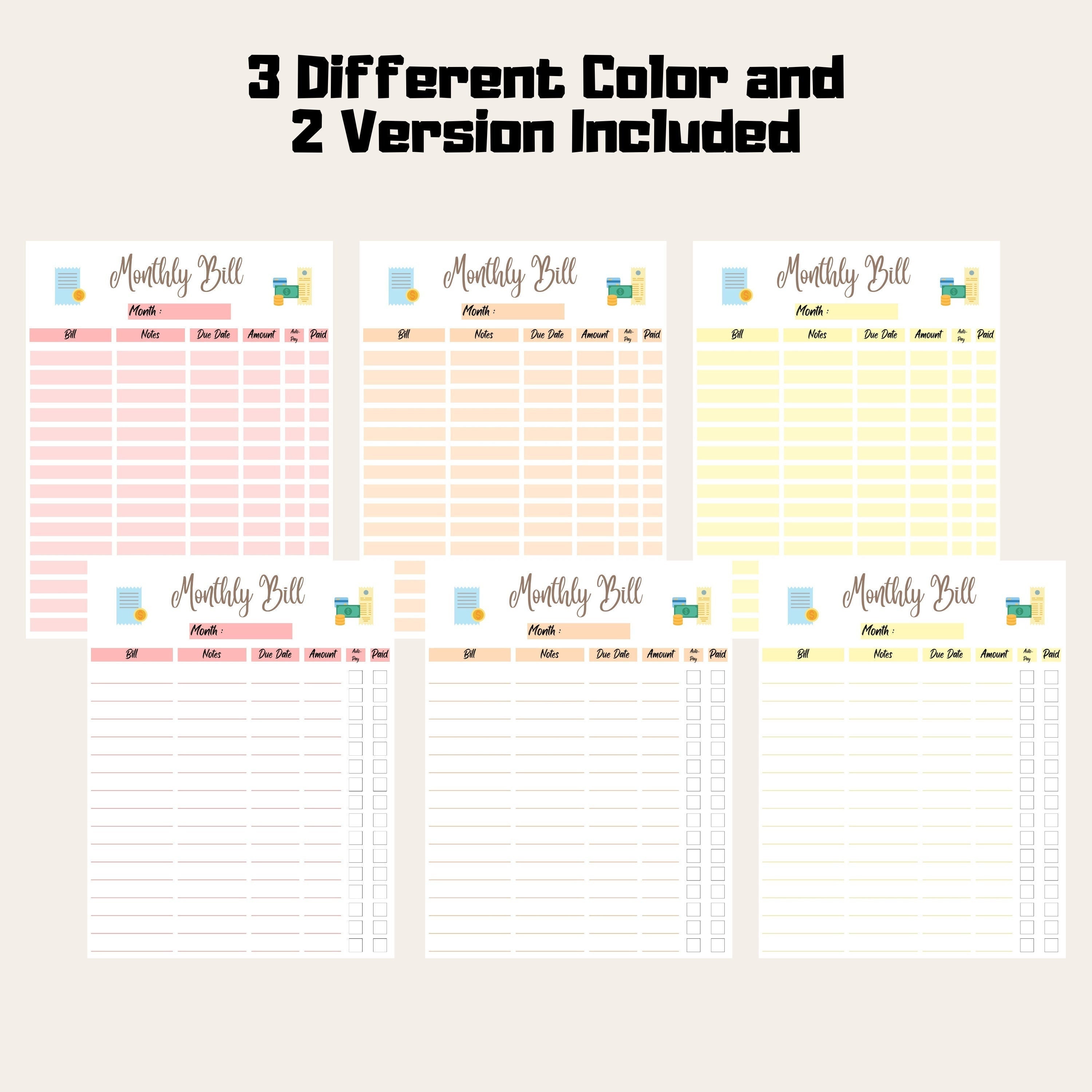 Editable Monthly Bill Payment Tracker Warm Color Tone Monthly Bill Log ...