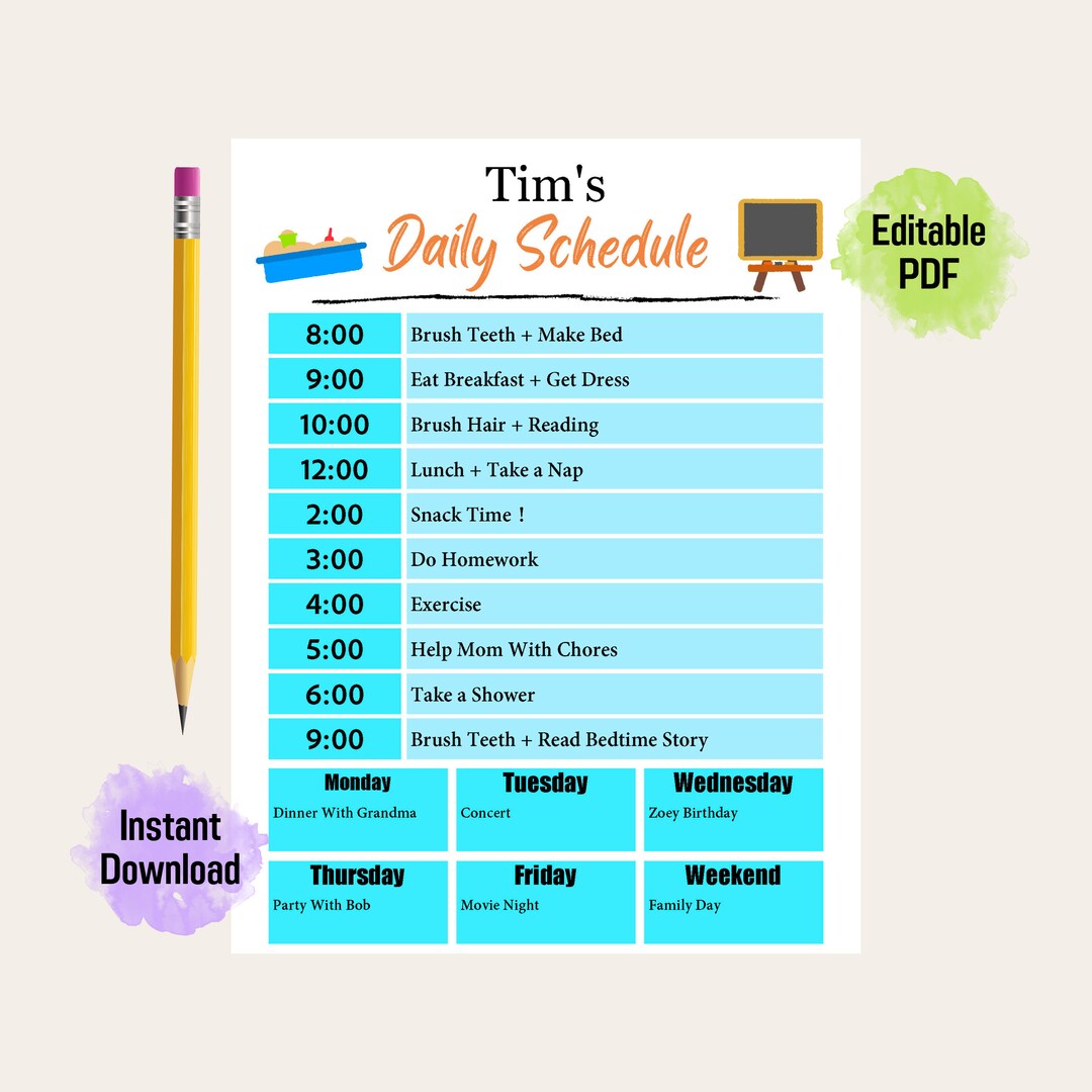 Printable Editable Kids Daily Schedule Template Cool Color - Etsy