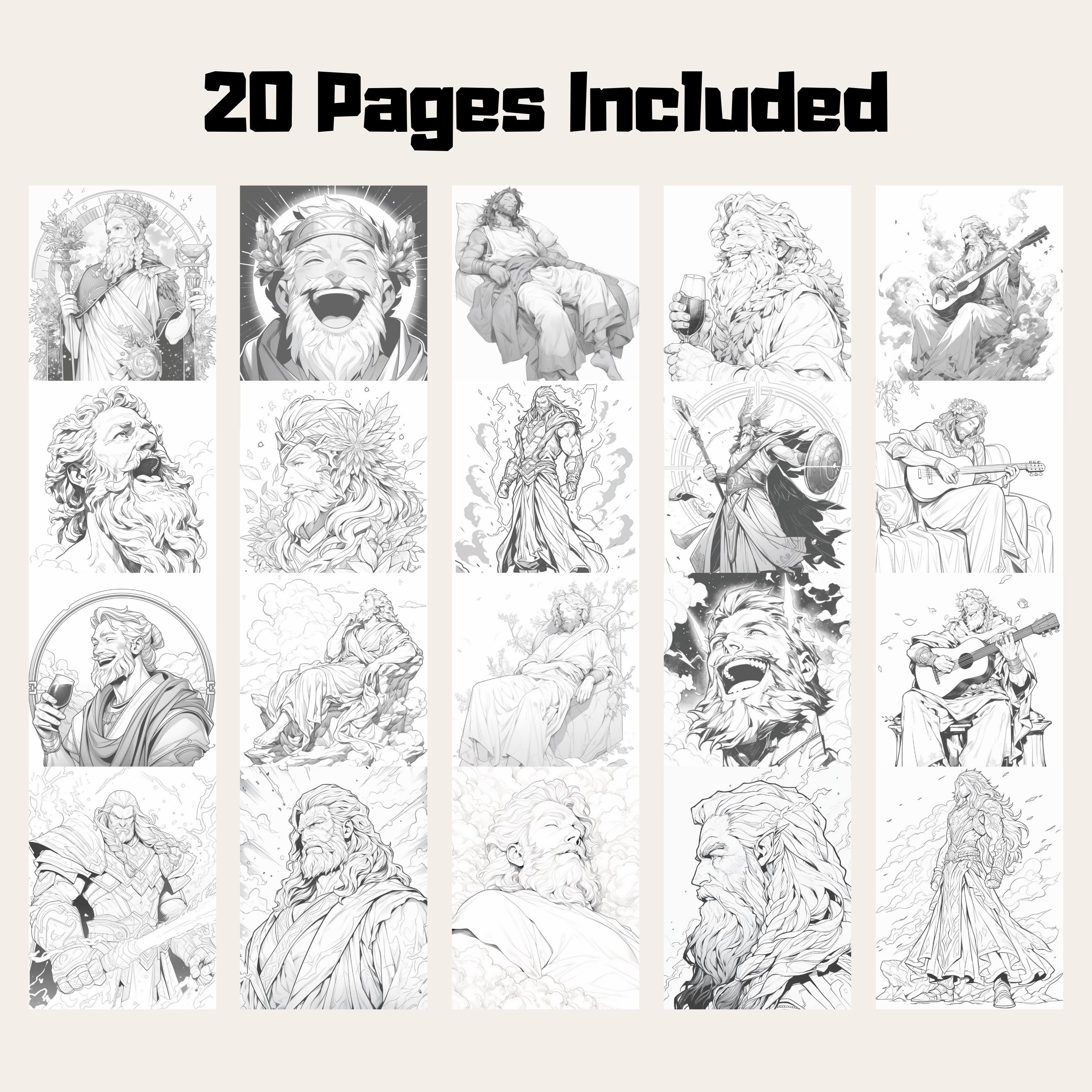 20 Pages Greek God Zeus Grayscale Coloring Book, God Coloring Pages for ...