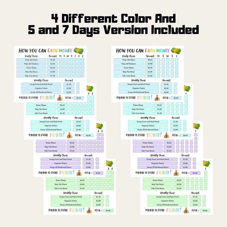 Editable Kids Chore Chart for Earning Money Cool Color Tone Editable ...