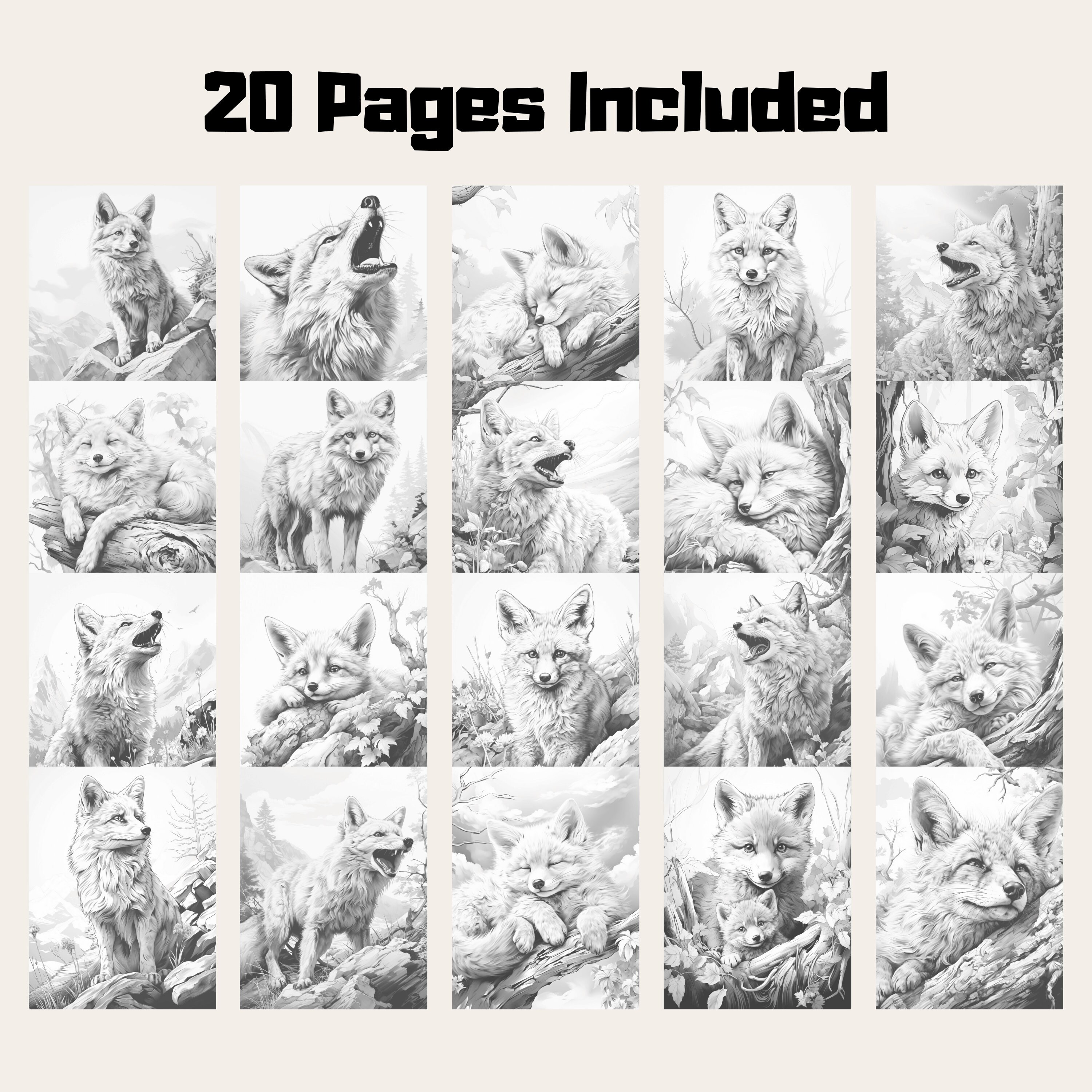 20 Realistic Fox Grayscale Coloring Book, 20 Pages for Adults and Kids ...