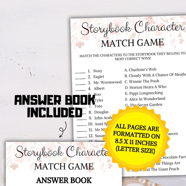 Storybook Character Match Baby Shower Game | Book Themed Baby Shower ...