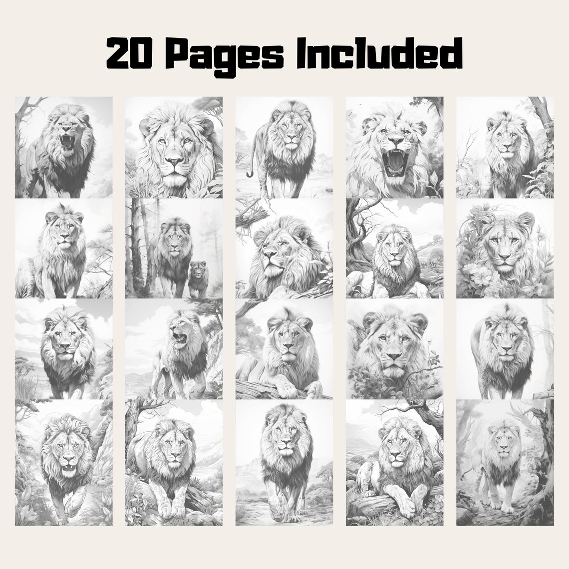 20 Pages Realistic Lion Grayscale Coloring Book Coloring - Etsy