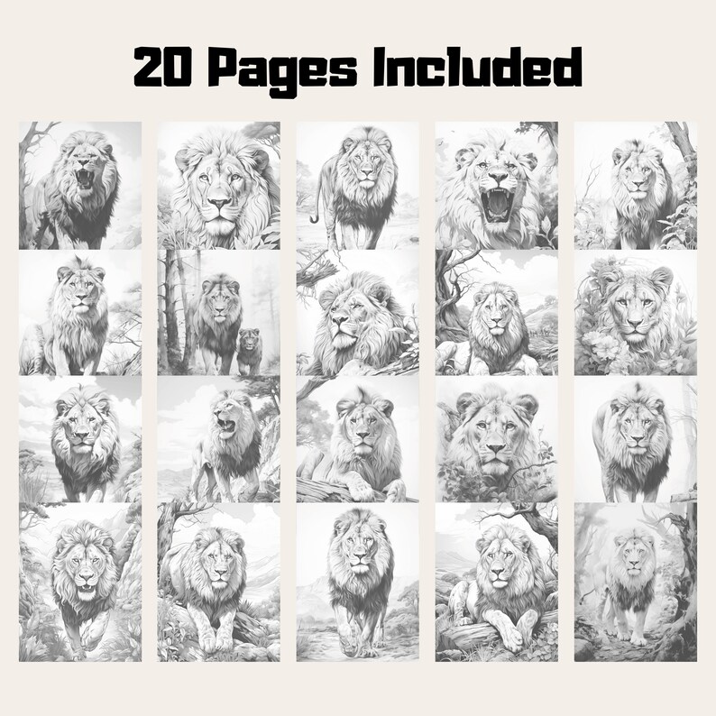 20 Pages Realistic Lion Grayscale Coloring Book, Coloring Pages for All ...