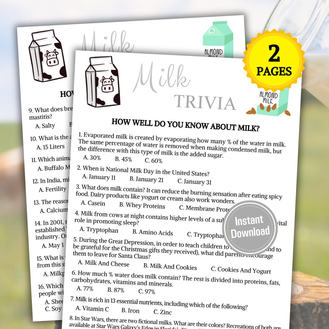 Milk Trivia Game | Printable Milk Trivia Quiz | Milk Knowledge Quiz ...
