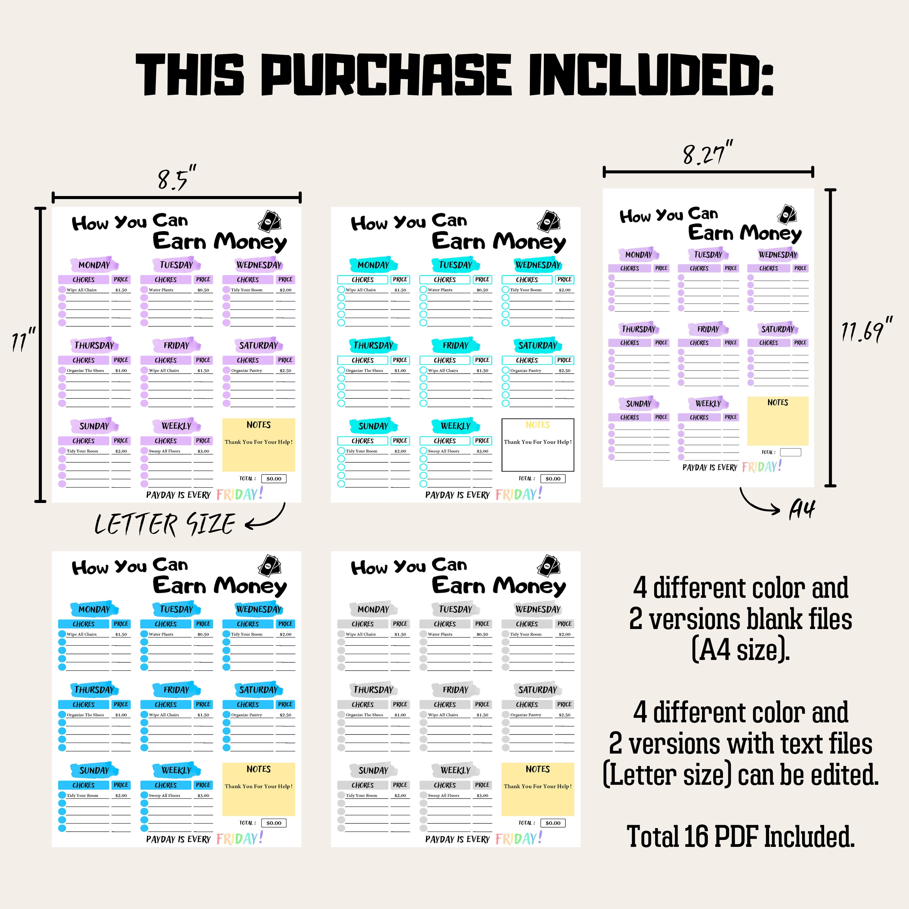 Editable Kids Chore Chart for Money Cool Color Tone, INSTANT Download ...