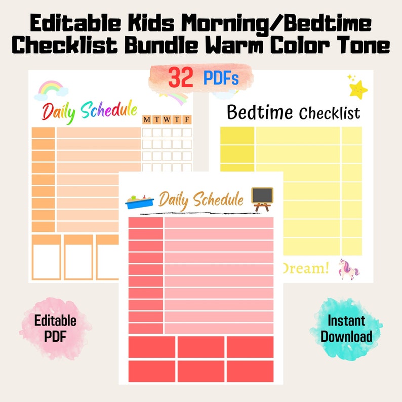 Editable Kids Morning/bedtime Checklist Bundle Warm Color Tone, Kids ...