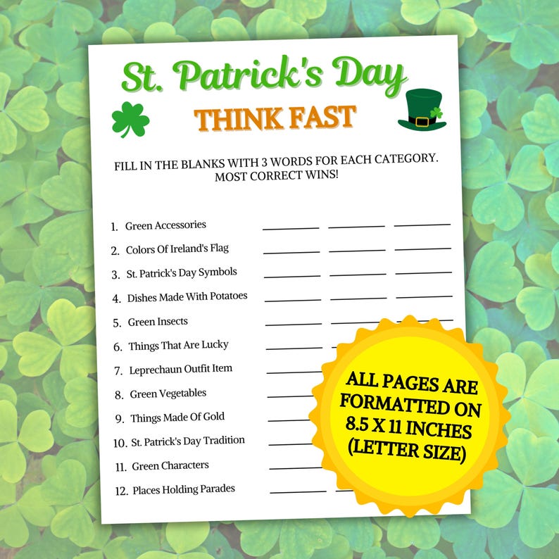 St. Patrick's Day Think Fast Game | Printable St. Patty's Trivia Game ...