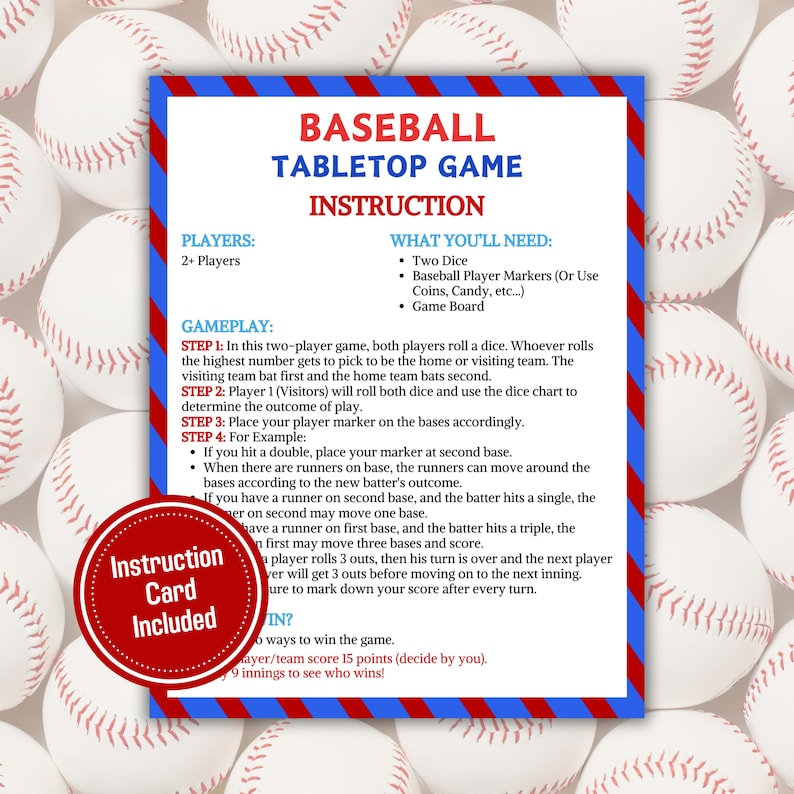 Baseball Tabletop Game | Printable Baseball Dice Game | Baseball Team ...