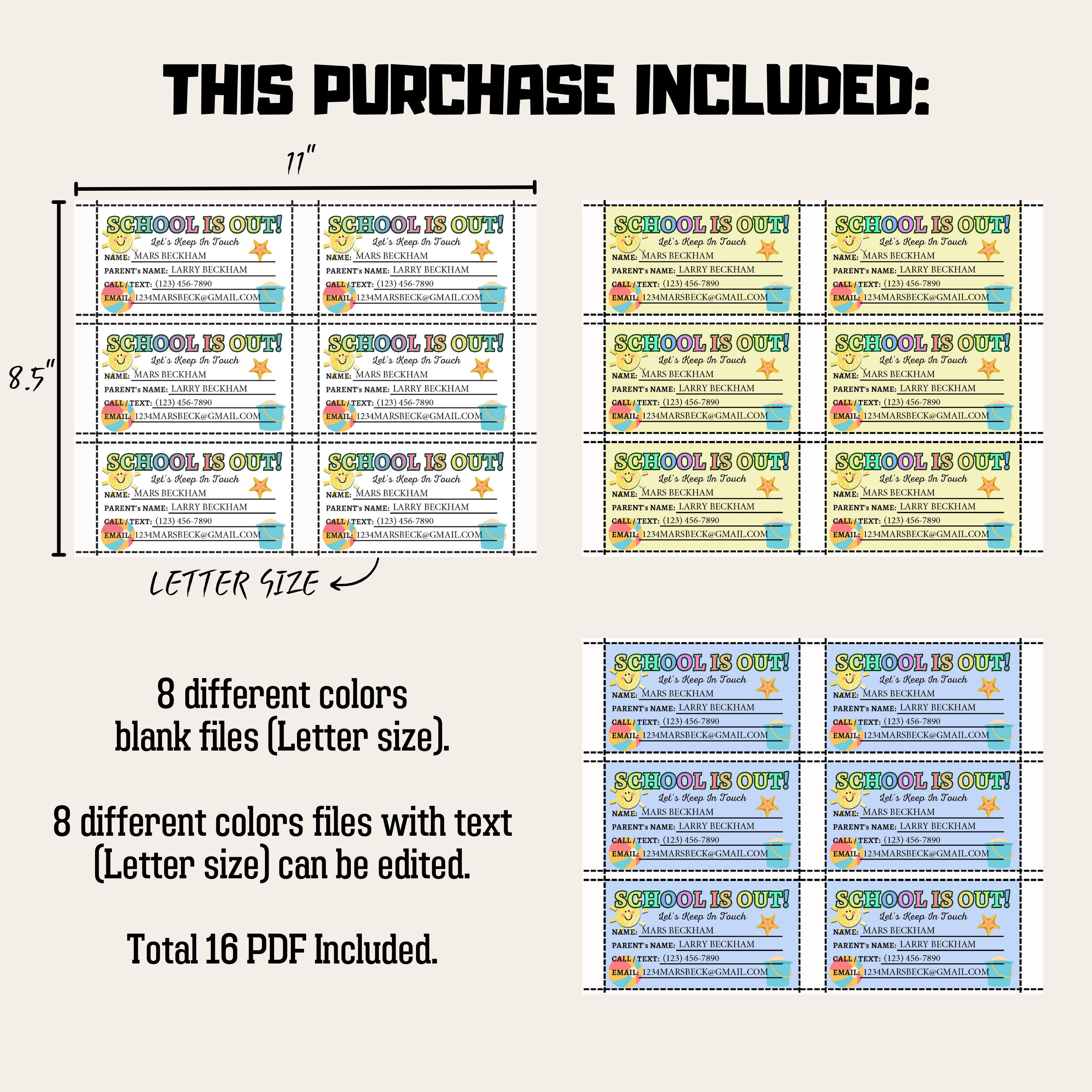 Editable Printable Kids Summer Contact Card, End of School Cards for ...