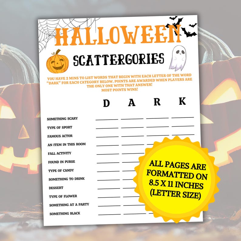 Halloween Scattergories Game | Halloween Think Fast Game | Fun ...
