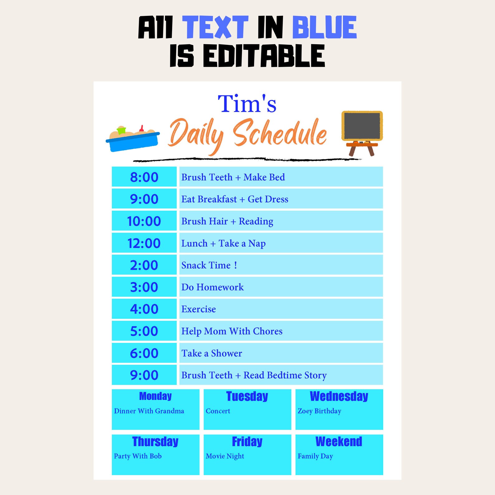 Printable Editable Kids Daily Schedule Template Cool Color Tone Kids ...