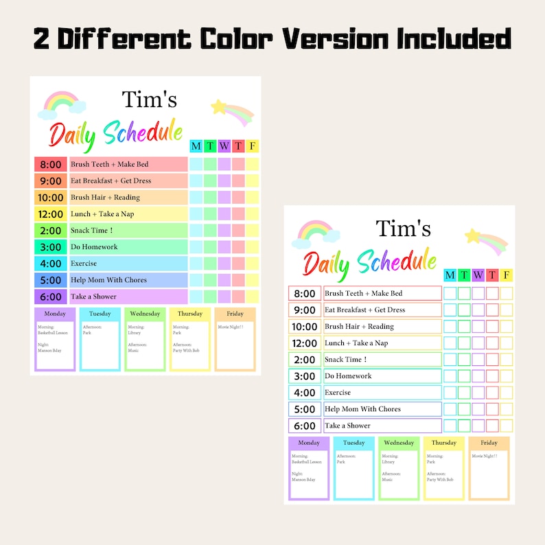 Kids Daily Schedule Rainbow Color | Organize Child's Daily Routine ...