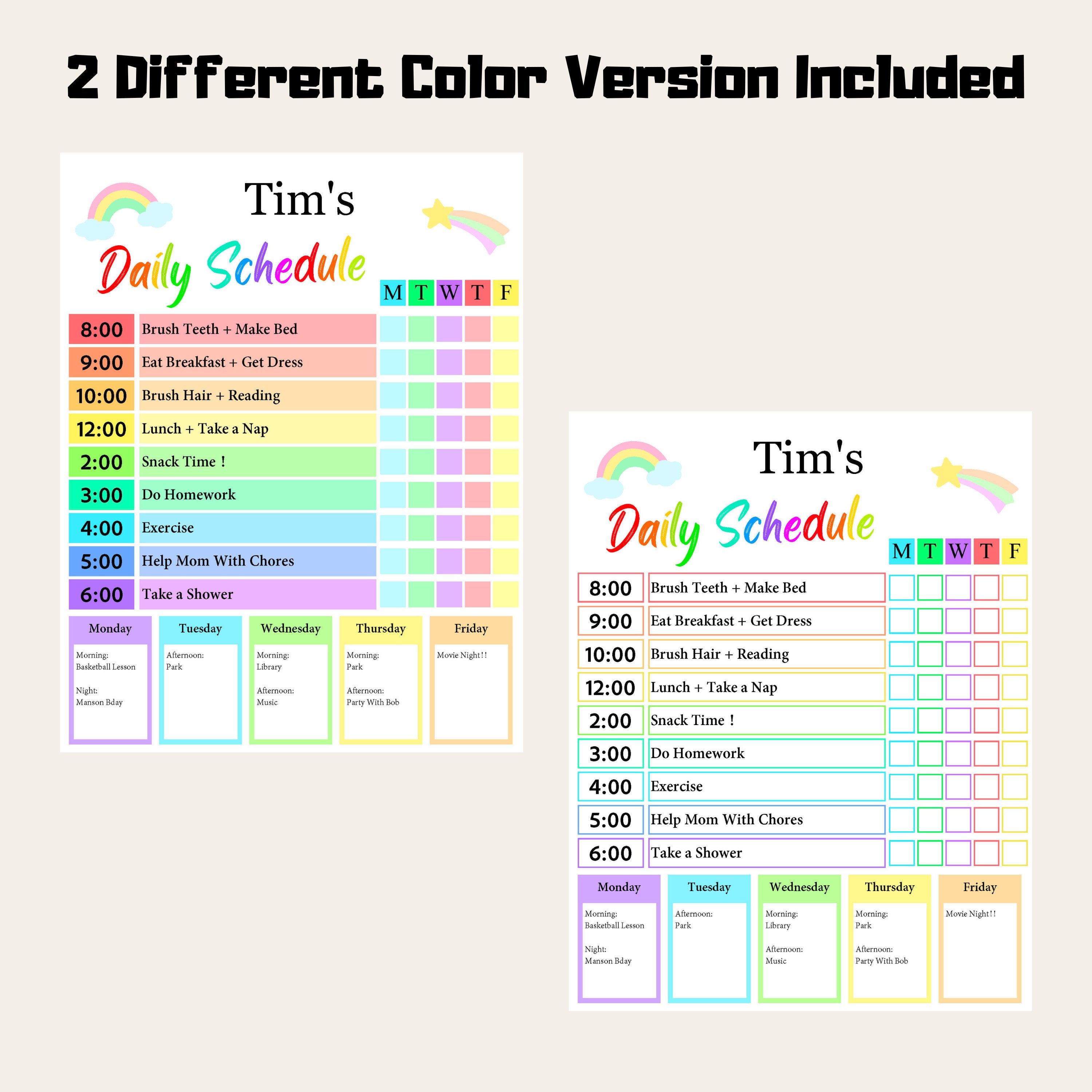 Kids Daily Schedule Rainbow Color | Organize Child's Daily Routine ...