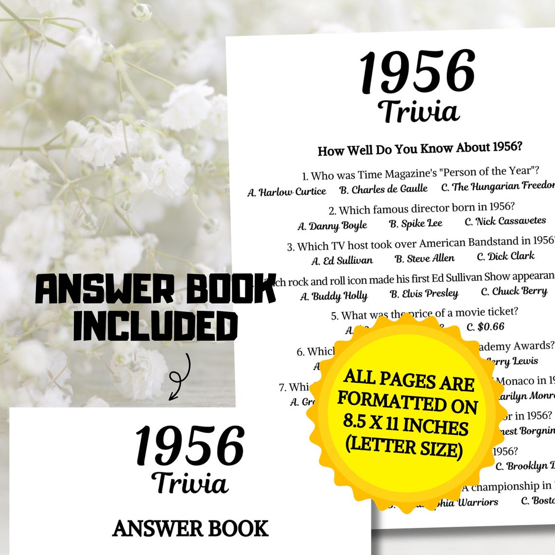 1956 Trivia Game | Printable 70th Birthday Party Game | Born in 1956 ...
