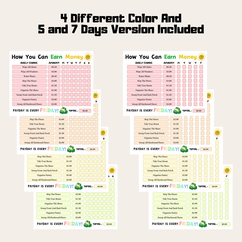 Personalized Editable Chore Chart for Kids to Earn Money Warm Color ...